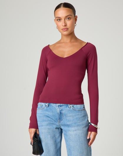 Low Cut Supersoft Longsleeve Top in Sangria Sunset | Glassons