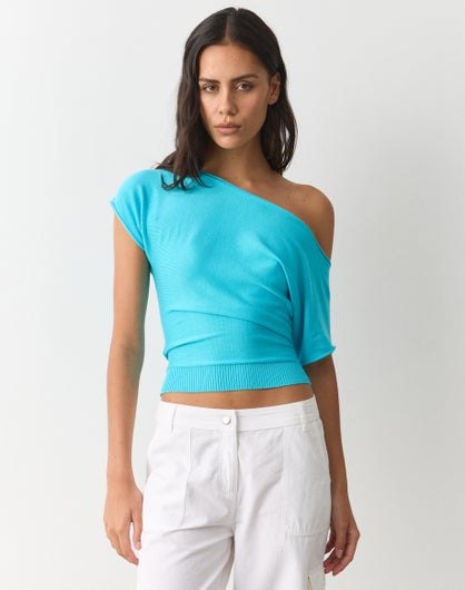 Off Shoulder Knit Top in Turquoise Tango | Glassons AU
