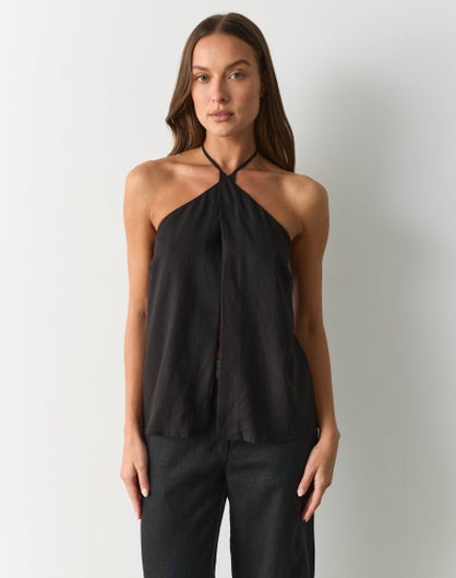 Linen Blend Wrap Halter Top in Black | Glassons AU