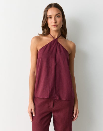 Linen Blend Wrap Halter Top in Sangria Sunset | Glassons AU
