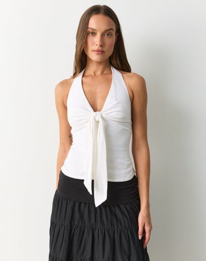 Linen Blend Tie Front Halter Top in White | Glassons