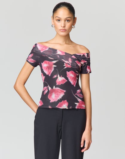 Mesh Crossover Short Sleeve Top in Luminous Roses | Glassons