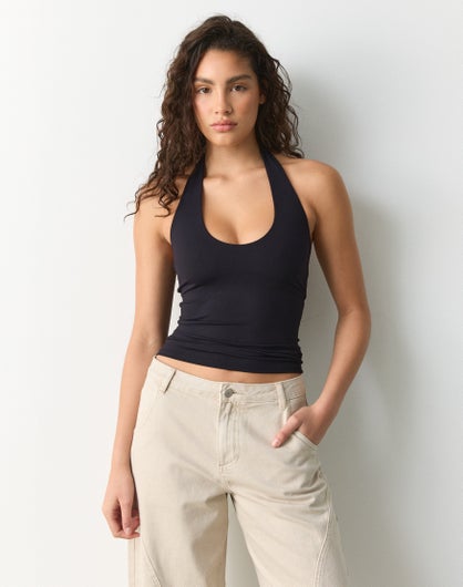 Scoop Halter Neck Top in Black | Glassons