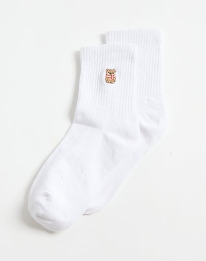 Embroidered Ankle Sock in Scarf Teddy X White | Glassons