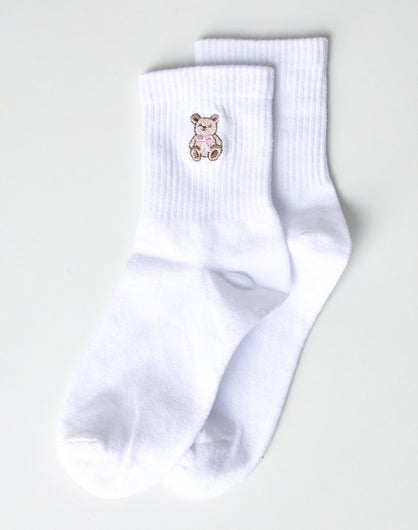 Embroidered Ankle Sock in Sweet Teddy X White | Glassons