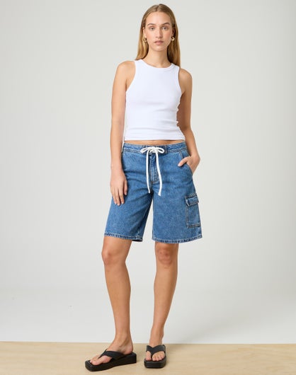 Low Rise Tie Front Denim Jorts in Mid Blue Crush | Glassons US