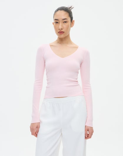 Rib Knit Longsleeve V Neck Top in Crystal Candy | Glassons