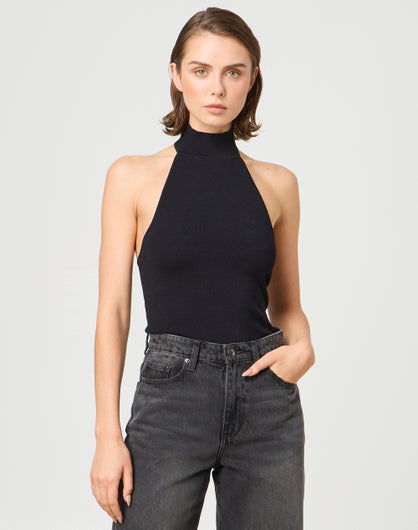 High Neck Halter Knit Top in Black | Glassons
