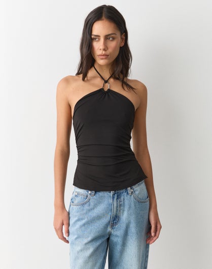 Ring Detail Halter Top in Black X Silver | Glassons