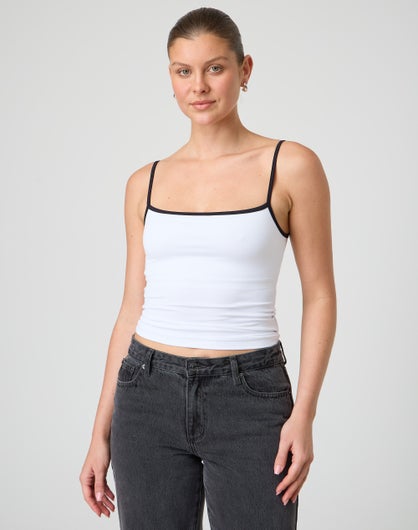 Thin Strap Tank Top in White X Black Tipping | Glassons
