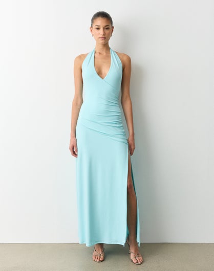Ruched Halter Neck Maxi Dress in Light Sea Foam | Glassons AU