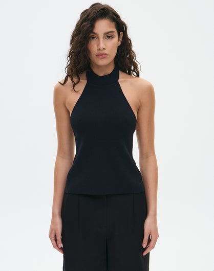 Open Back Knit Halter Top in Black | Glassons