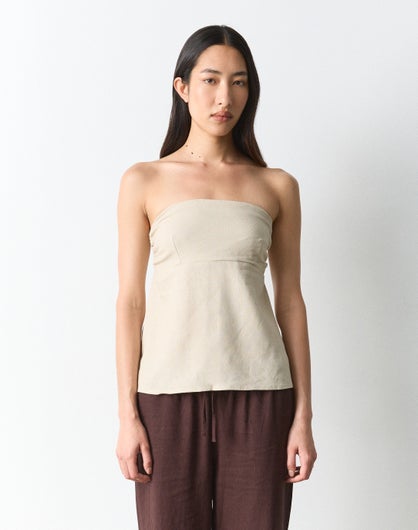Linen Blend Strapless Tie Back Top in Solid Sand | Glassons AU