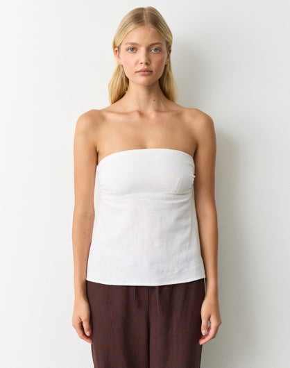 Linen Blend Strapless Tie Back Top in White | Glassons AU