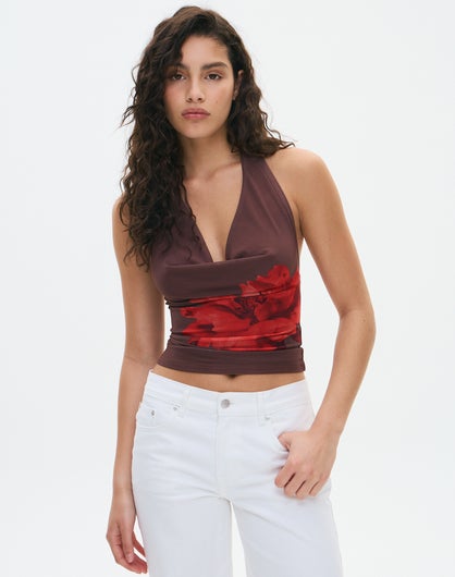 Print Mesh Cowl Neck Halter Top in Red Smitten Blooms | Glassons AU