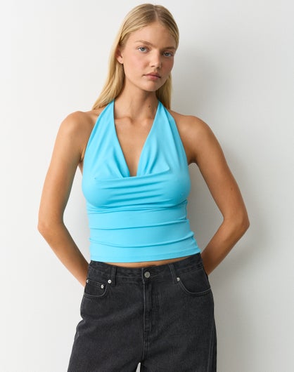 Tie Neck Cowl Halter Top in Turquoise Tango | Glassons AU