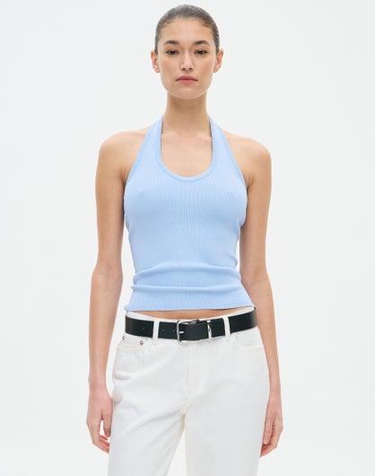 Knit Scoop Neck Halter Top in Western Blue | Glassons US