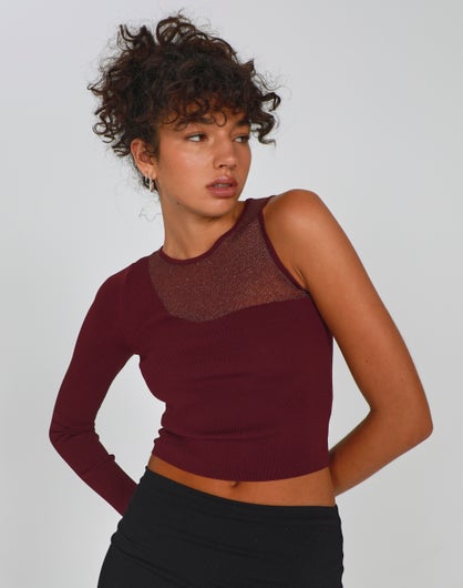 Knit One Shoulder Long Sleeve Top in Red Chocolate | Glassons US