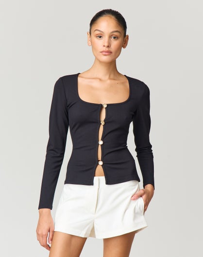 Button Up Long Sleeve Top in Black | Glassons
