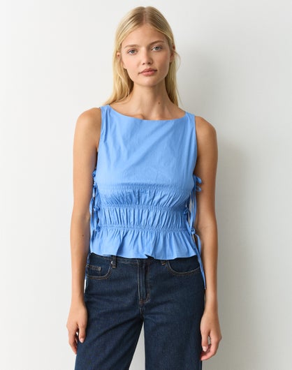 Poplin Tie Side Shirred Blouse in Cornflower Kiss | Glassons