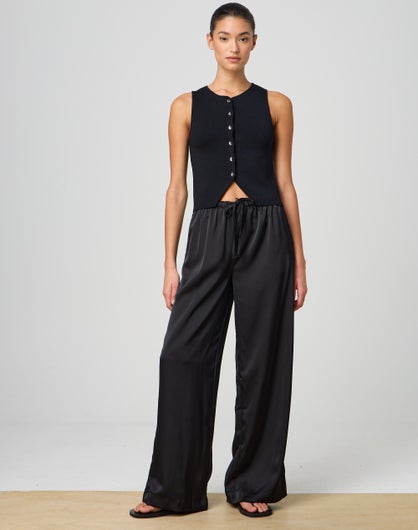 Tie Waist Wide Leg Satin Pant in Black | Glassons