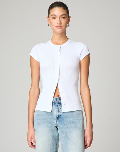 Short Sleeve Rib Top in White | Glassons