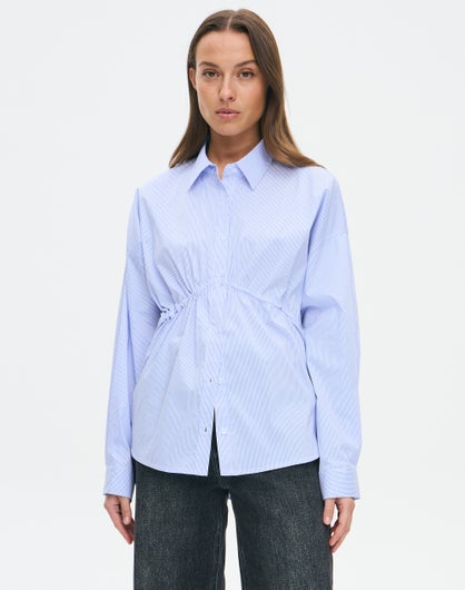 Ruched Detail Button Up Shirt in Blue X White Hana Stripe | Glassons SG