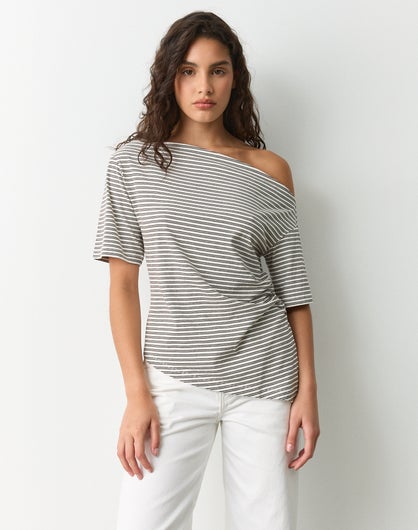 Asymmetrical Off Shoulder Tee in Milk Fudge Summer Stripe | Glassons AU