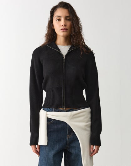 Funnel Neck Zip Through Knit in Black | Glassons