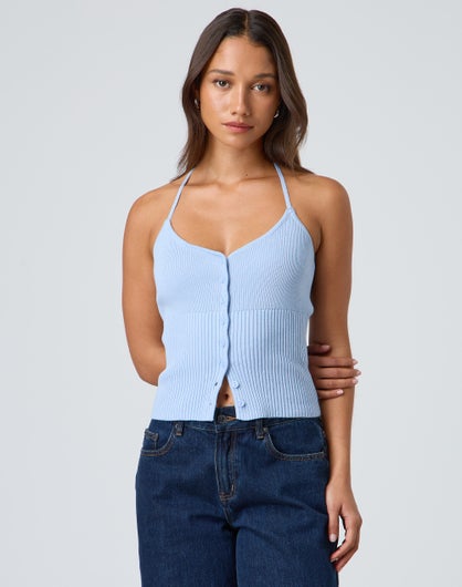 Knit Halter Button Top in Serenity Splash | Glassons